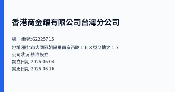 香港商金耀有限公司台灣分公司的照片-統編 62225715(臺北市) 公司登記資料與營業項目詳細圖表