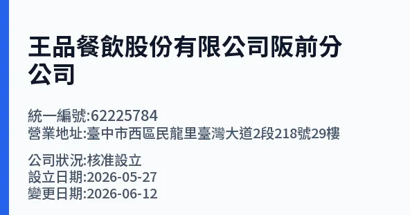 王品餐飲股份有限公司阪前分公司的照片-統編 62225784(臺中市) 公司登記資料與營業項目詳細圖表