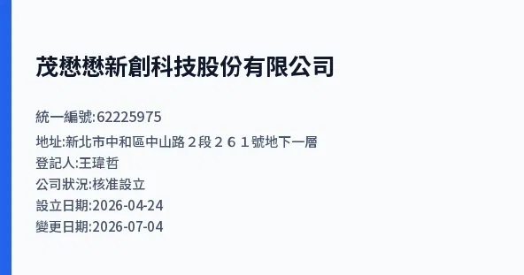 茂懋懋新創科技股份有限公司的照片-統編 62225975 公司登記資料與營業項目詳細圖表