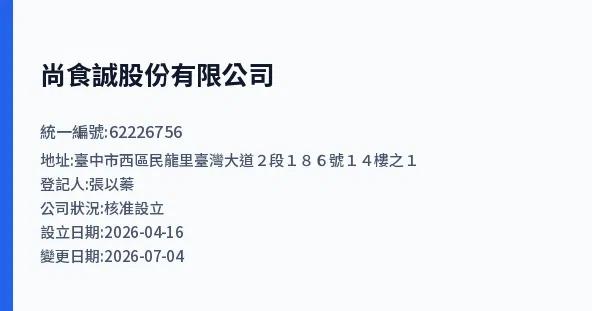 尚食誠股份有限公司的照片-統編 62226756 公司登記資料與營業項目詳細圖表
