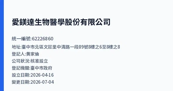 愛鎂達生物醫學股份有限公司的照片-統編 62226860(臺中市) 公司登記資料與營業項目詳細圖表
