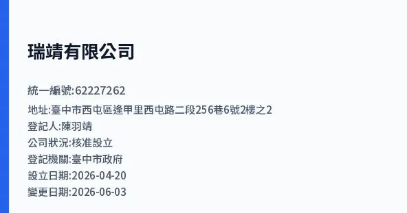 瑞靖有限公司的照片-統編 62227262(臺中市) 公司登記資料與營業項目詳細圖表