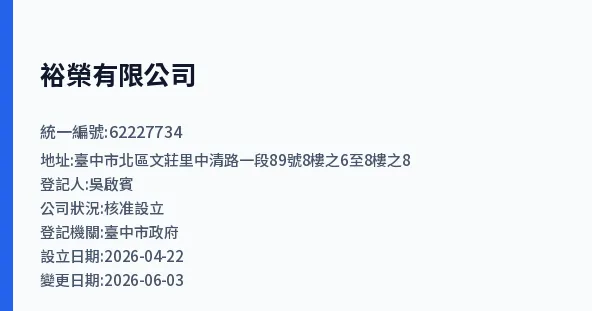 裕榮有限公司的照片-統編 62227734(臺中市) 公司登記資料與營業項目詳細圖表