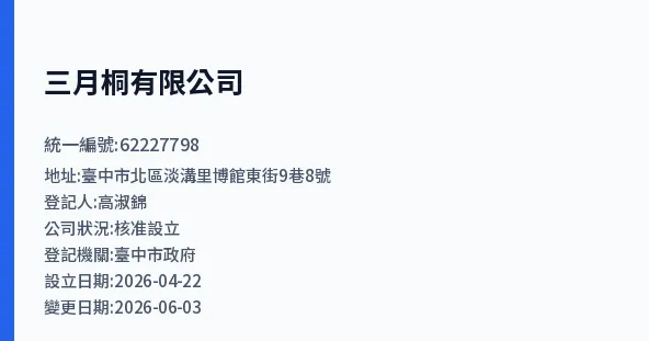 三月桐有限公司的照片-統編 62227798(臺中市) 公司登記資料與營業項目詳細圖表