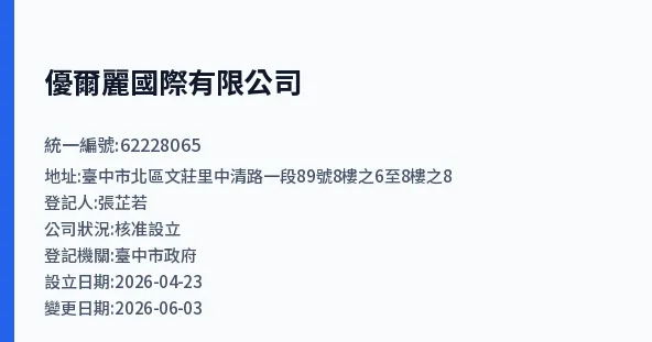 優爾麗國際有限公司的照片-統編 62228065(臺中市) 公司登記資料與營業項目詳細圖表