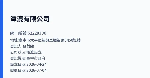 津湸有限公司的照片-統編 62228380(臺中市) 公司登記資料與營業項目詳細圖表