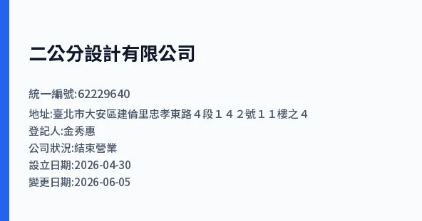 二公分設計有限公司的照片-統編 62229640 公司登記資料與營業項目詳細圖表