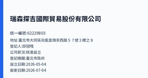 瑞森探吉國際貿易股份有限公司的照片-統編 62229803(臺北市) 公司登記資料與營業項目詳細圖表
