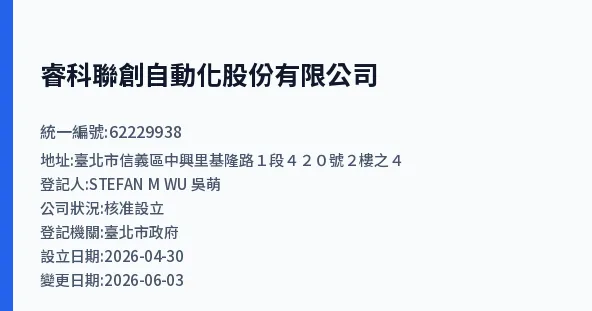 睿科聯創自動化股份有限公司的照片-統編 62229938(臺北市) 公司登記資料與營業項目詳細圖表
