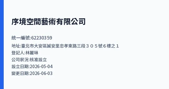序境空間藝術有限公司的照片-統編 62230359(臺北市) 公司登記資料與營業項目詳細圖表