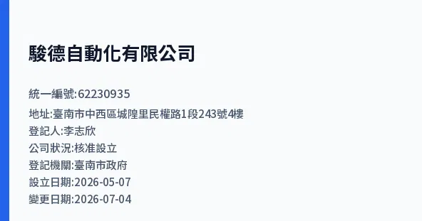 駿德自動化有限公司的照片-統編 62230935(臺南市) 公司登記資料與營業項目詳細圖表