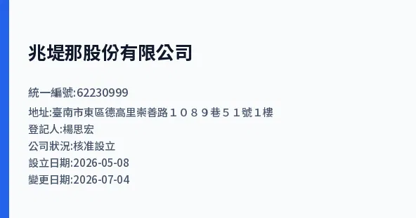 兆堤那股份有限公司的照片-統編 62230999(臺南市) 公司登記資料與營業項目詳細圖表