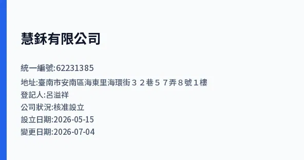 慧鉌有限公司的照片-統編 62231385(臺南市) 公司登記資料與營業項目詳細圖表