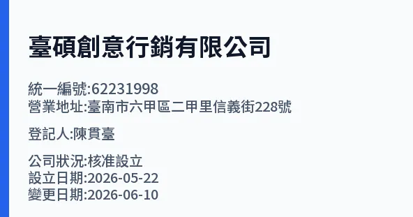 臺碩創意行銷有限公司的照片-統編 62231998(臺南市) 公司登記資料與營業項目詳細圖表