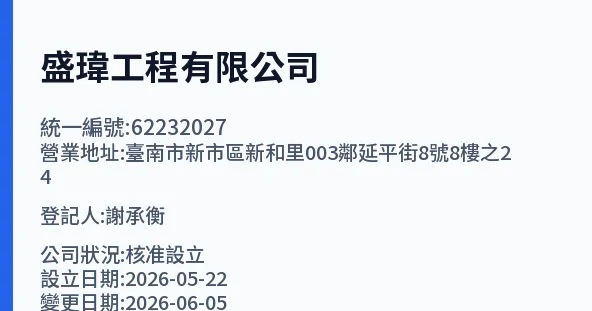 盛瑋工程有限公司的照片-統編 62232027(臺南市) 公司登記資料與營業項目詳細圖表