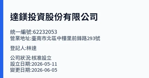 達鎂投資股份有限公司的照片-統編 62232053(臺南市) 公司登記資料與營業項目詳細圖表