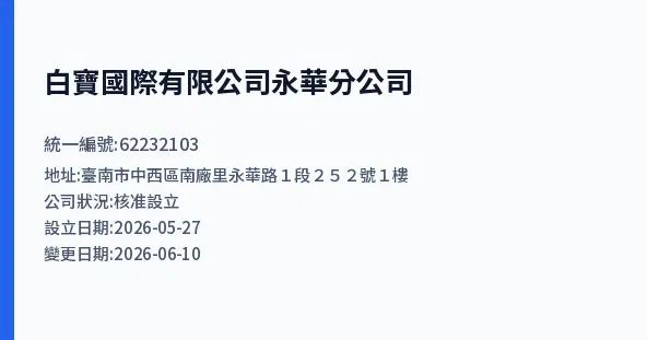 白寶國際有限公司永華分公司的照片-統編 62232103(臺南市) 公司登記資料與營業項目詳細圖表