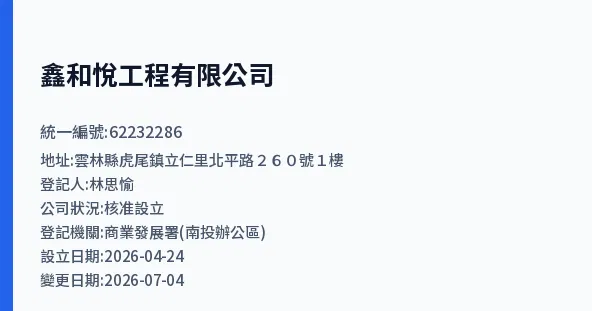 鑫和悅工程有限公司的照片-統編 62232286(雲林縣) 公司登記資料與營業項目詳細圖表