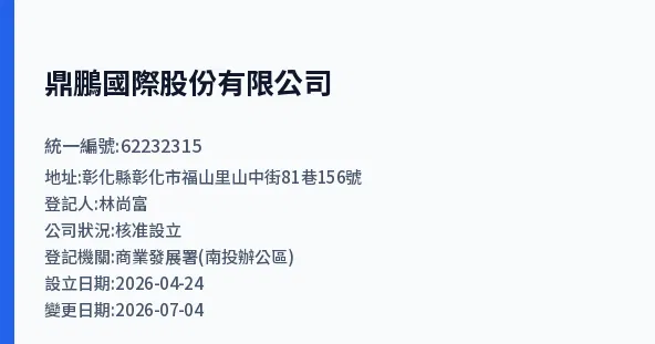 鼎鵬國際股份有限公司的照片-統編 62232315(彰化縣) 公司登記資料與營業項目詳細圖表