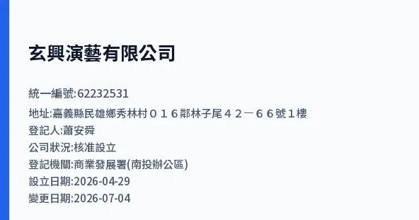 玄興演藝有限公司的照片-統編 62232531(嘉義縣) 公司登記資料與營業項目詳細圖表