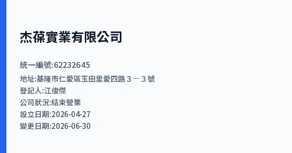 杰葆實業有限公司的照片-統編 62232645 公司登記資料與營業項目詳細圖表