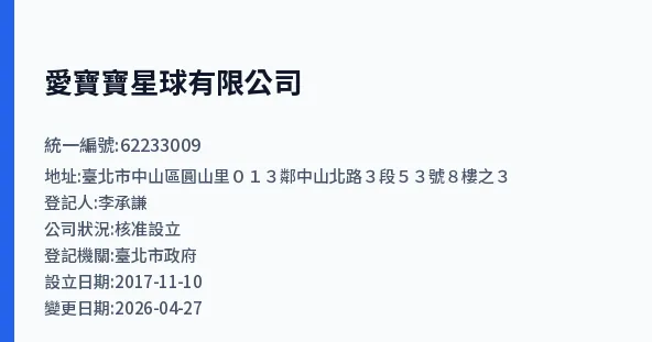 愛寶寶星球有限公司的照片-統編 62233009(臺北市) 公司登記資料與營業項目詳細圖表