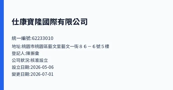 仕康寶隆國際有限公司的照片-統編 62233010 公司登記資料與營業項目詳細圖表