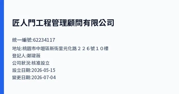 匠人門工程管理顧問有限公司的照片-統編 62234117(桃園市) 公司登記資料與營業項目詳細圖表