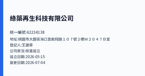 綠築再生科技有限公司的照片-統編 62234138(桃園市) 公司登記資料與營業項目詳細圖表
