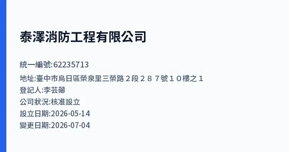 泰澤消防工程有限公司的照片-統編 62235713(臺中市) 公司登記資料與營業項目詳細圖表
