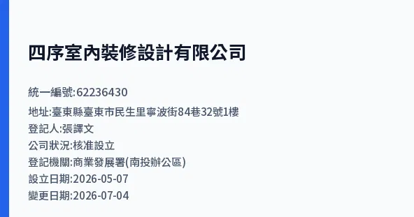四序室內裝修設計有限公司的照片-統編 62236430(臺東縣) 公司登記資料與營業項目詳細圖表