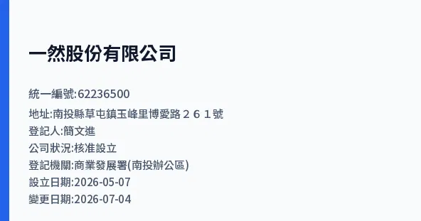 一然股份有限公司的照片-統編 62236500(南投縣) 公司登記資料與營業項目詳細圖表