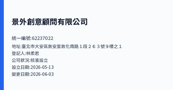 景外創意顧問有限公司的照片-統編 62237022(臺北市) 公司登記資料與營業項目詳細圖表
