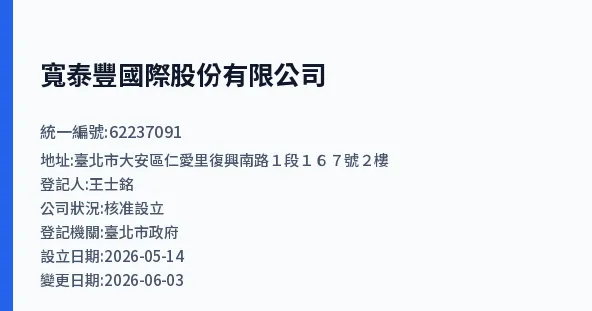 寬泰豐國際股份有限公司的照片-統編 62237091(臺北市) 公司登記資料與營業項目詳細圖表