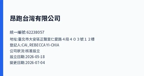 昂跑台灣有限公司的照片-統編 62238057(臺北市) 公司登記資料與營業項目詳細圖表