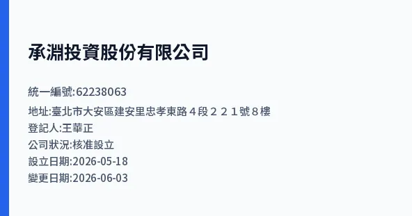 承淵投資股份有限公司的照片-統編 62238063(臺北市) 公司登記資料與營業項目詳細圖表