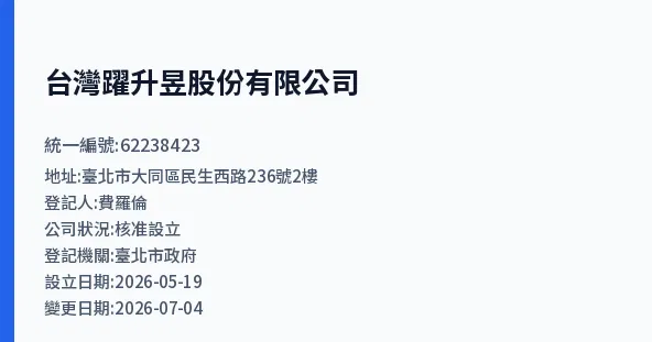 台灣躍升昱股份有限公司的照片-統編 62238423(臺北市) 公司登記資料與營業項目詳細圖表