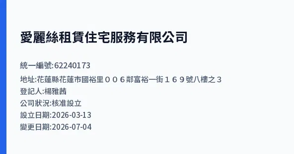 愛麗絲租賃住宅服務有限公司的照片-統編 62240173(花蓮縣) 公司登記資料與營業項目詳細圖表