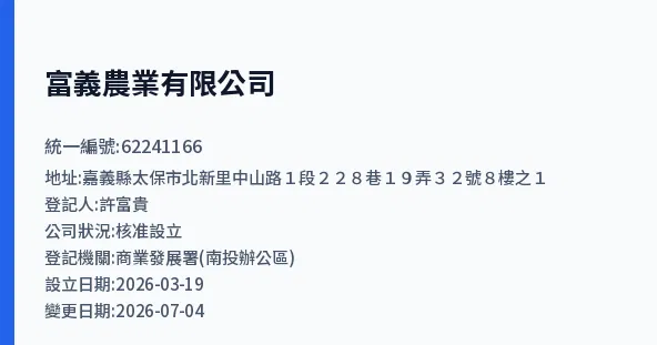 富義農業有限公司的照片-統編 62241166(嘉義縣) 公司登記資料與營業項目詳細圖表