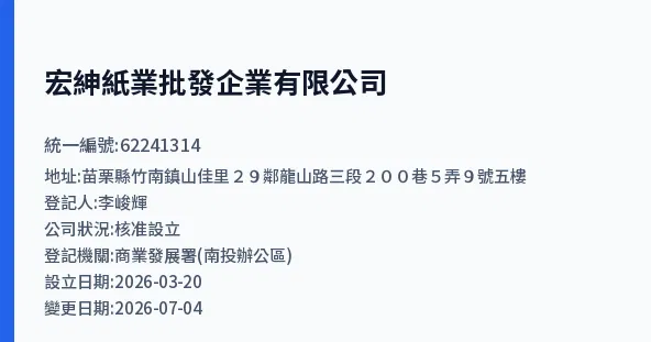 宏紳紙業批發企業有限公司的照片-統編 62241314(苗栗縣) 公司登記資料與營業項目詳細圖表