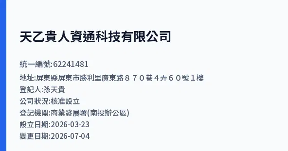 天乙貴人資通科技有限公司的照片-統編 62241481(屏東縣) 公司登記資料與營業項目詳細圖表