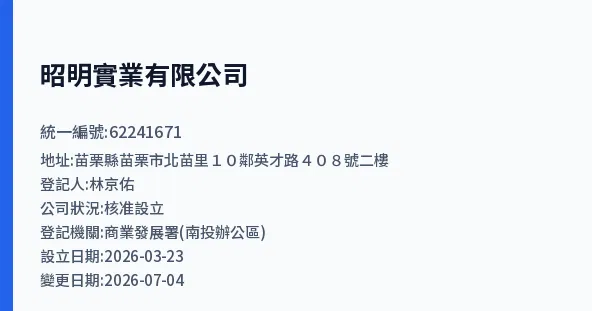 昭明實業有限公司的照片-統編 62241671(苗栗縣) 公司登記資料與營業項目詳細圖表