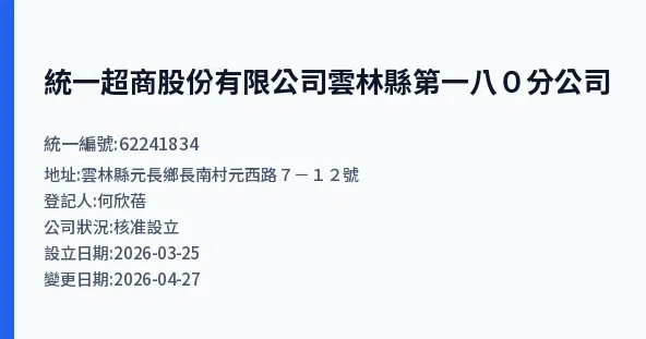 統一超商股份有限公司雲林縣第一八0分公司的照片-統編 62241834(雲林縣) 公司登記資料與營業項目詳細圖表