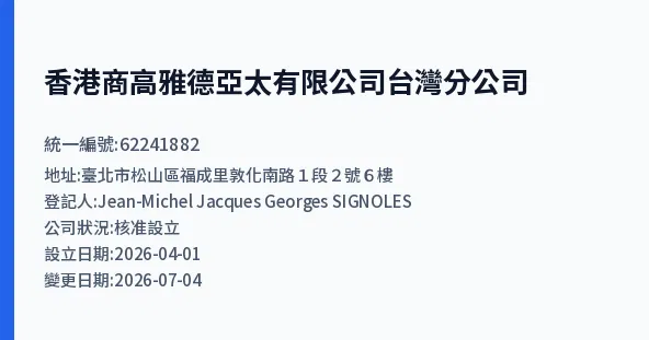 香港商高雅德亞太有限公司台灣分公司的照片-統編 62241882(臺北市) 公司登記資料與營業項目詳細圖表