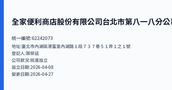 全家便利商店股份有限公司台北市第八一八分公司的照片-統編 62242073(臺北市) 公司登記資料與營業項目詳細圖表