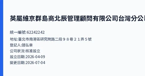 英屬維京群島商北辰管理顧問有限公司台灣分公司的照片-統編 62242242(臺北市) 公司登記資料與營業項目詳細圖表