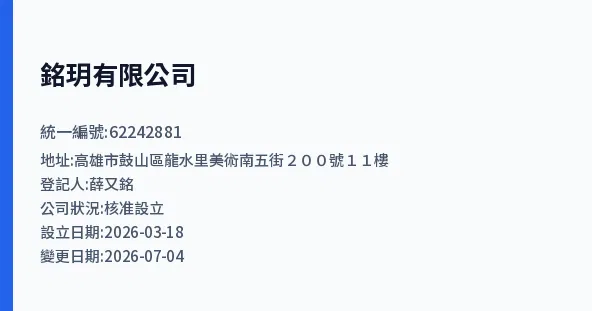 銘玥有限公司的照片-統編 62242881(高雄市) 公司登記資料與營業項目詳細圖表