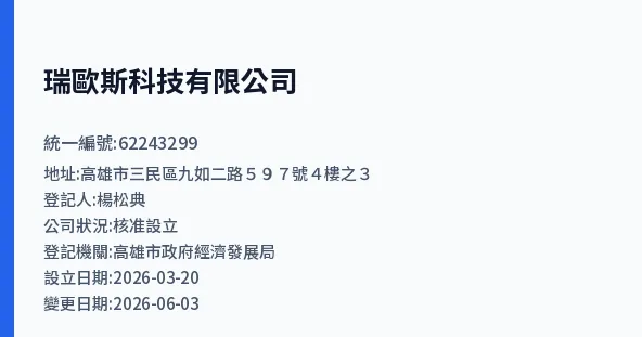 瑞歐斯科技有限公司的照片-統編 62243299(高雄市) 公司登記資料與營業項目詳細圖表