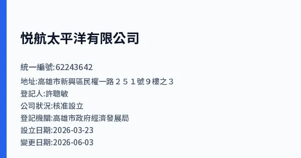 悦航太平洋有限公司的照片-統編 62243642(高雄市) 公司登記資料與營業項目詳細圖表