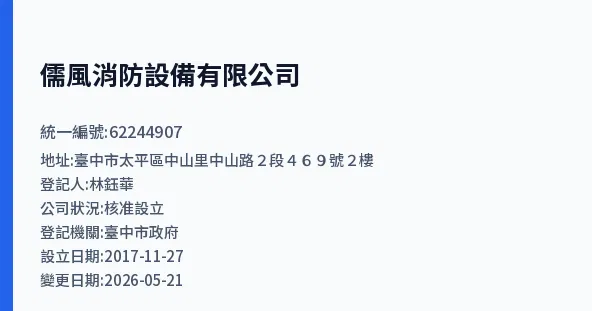 儒風消防設備有限公司的照片-統編 62244907(臺中市) 公司登記資料與營業項目詳細圖表
